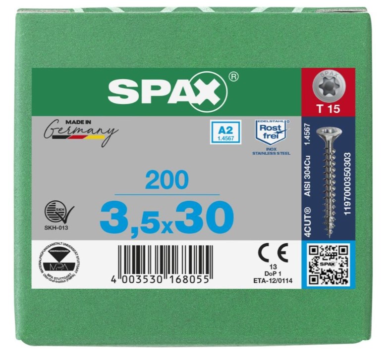 SPAX Stainless Steel T-STAR 3.5X30 (200)